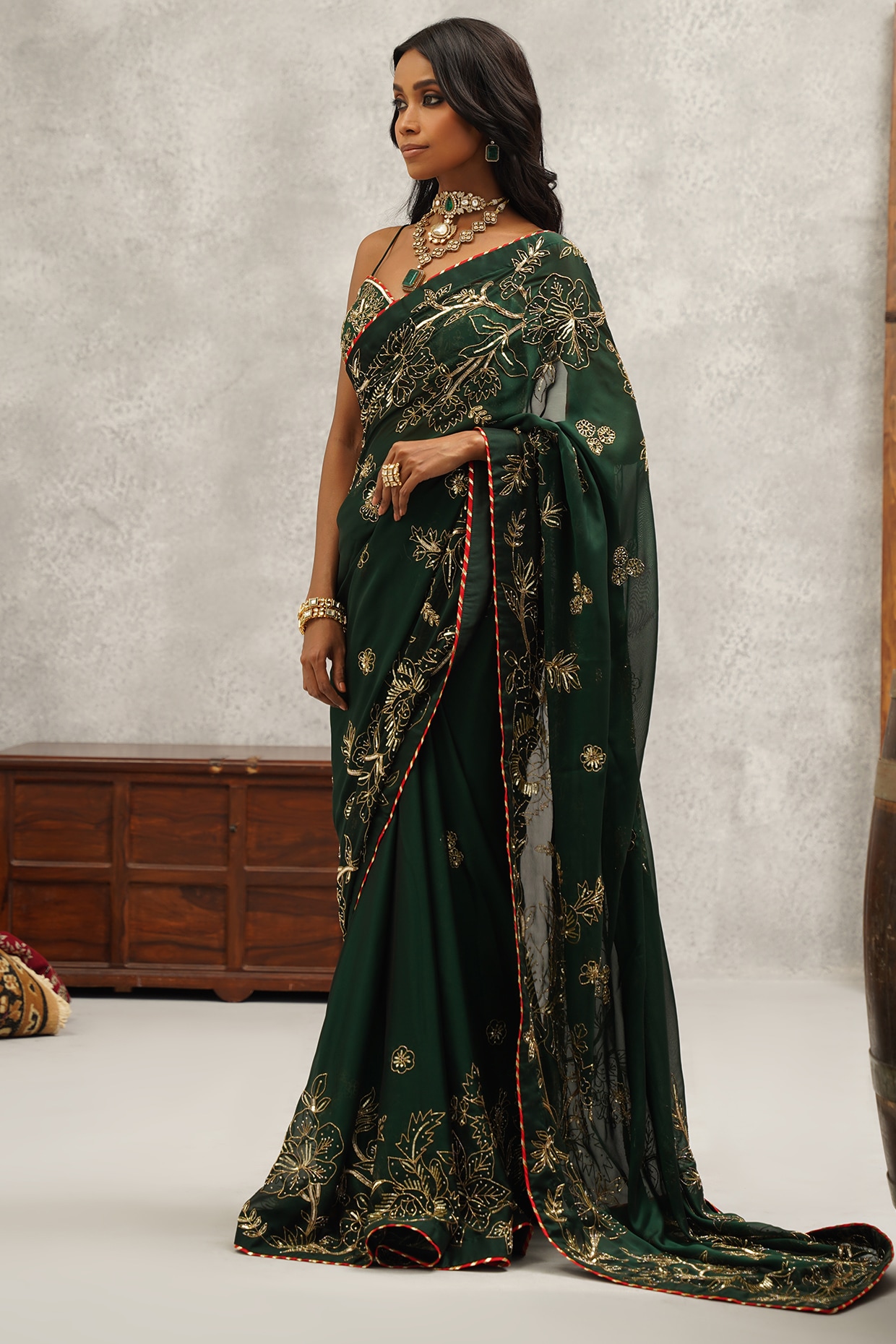 Bottle Green Double Georgette Hand & Machine Embroidered Saree Set by ...