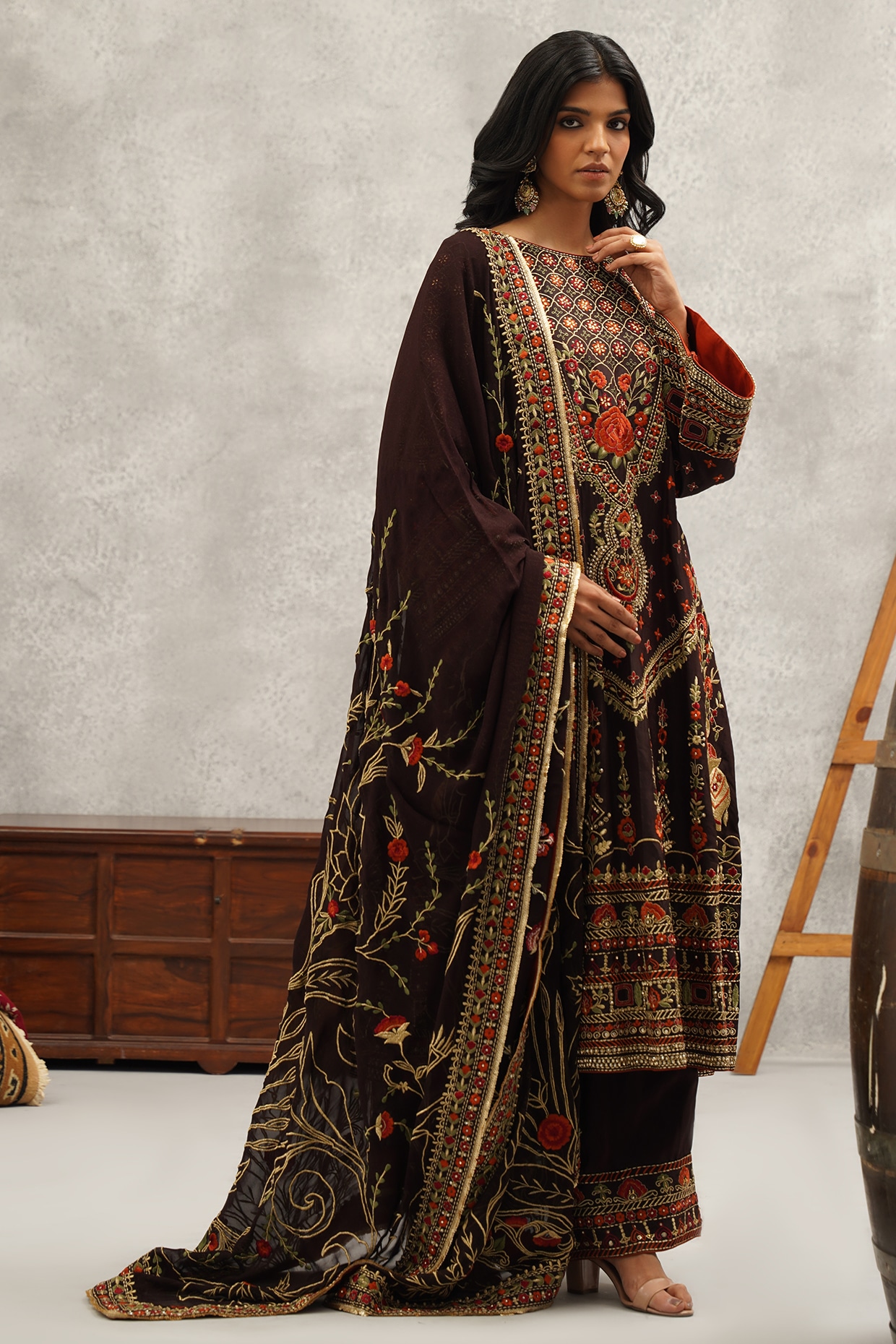 Brown Upada Silk Hand & Machine Embroidered Kurta Set by Kapda Dori at ...