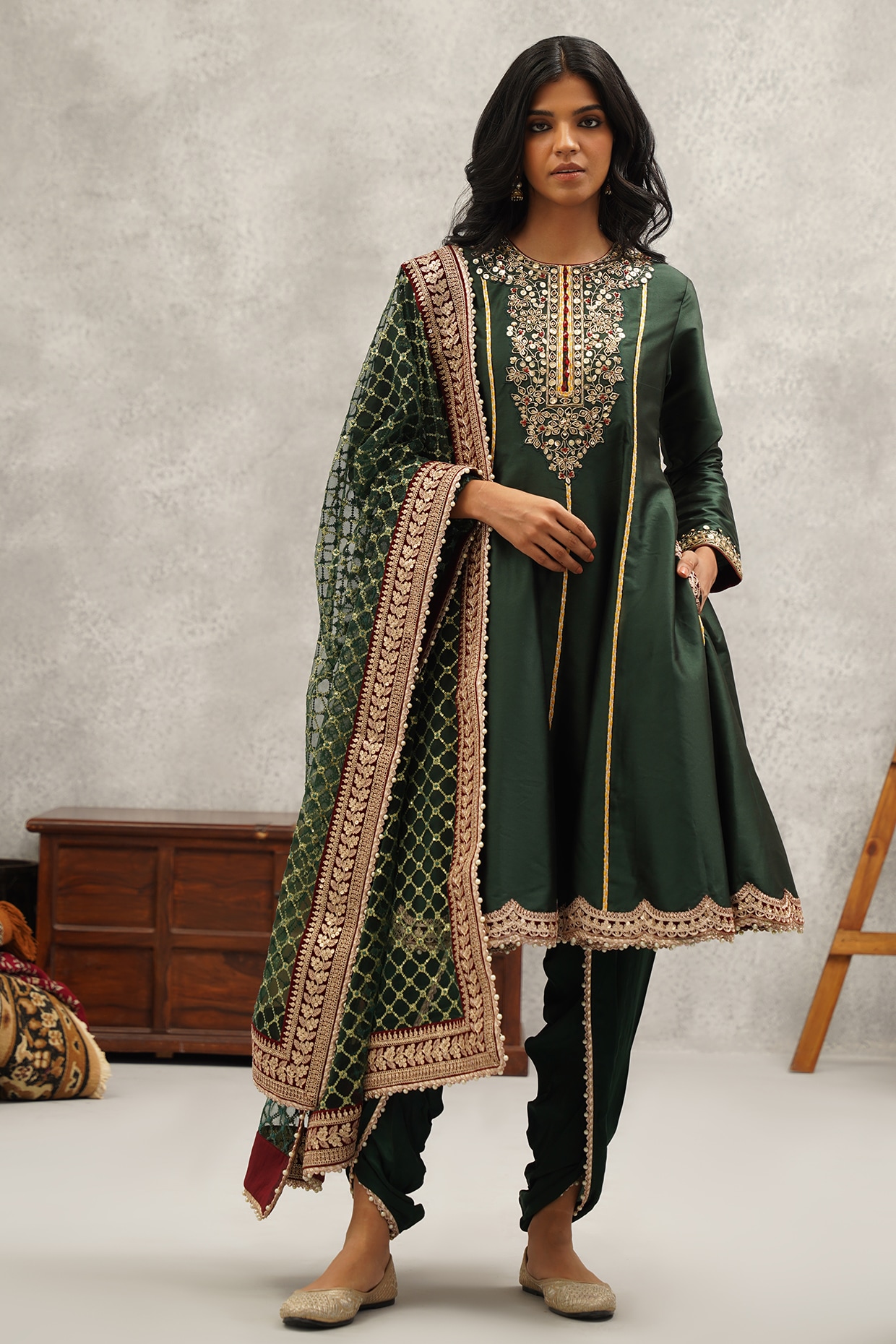 Bottle Green Malai Silk Hand & Machine Embroidered Kurta Set by Kapda ...