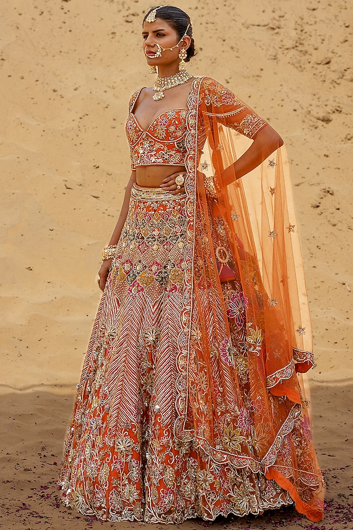 Rust Orange Net Hand Embroidered Bridal Lehenga Set by Kapda Dori at ...