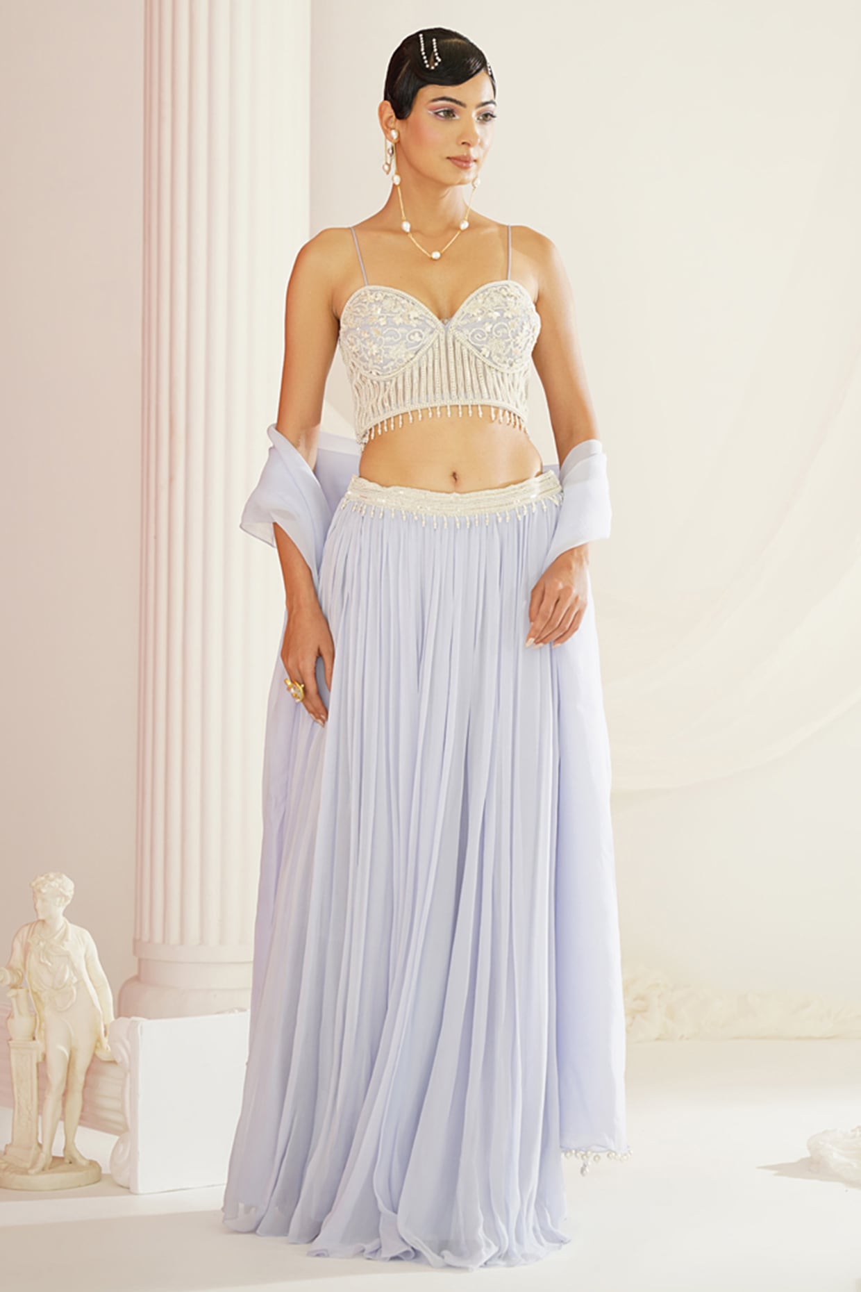 Powder Blue Armani Satin Crystal Embroidered Wedding Lehenga Set by ...