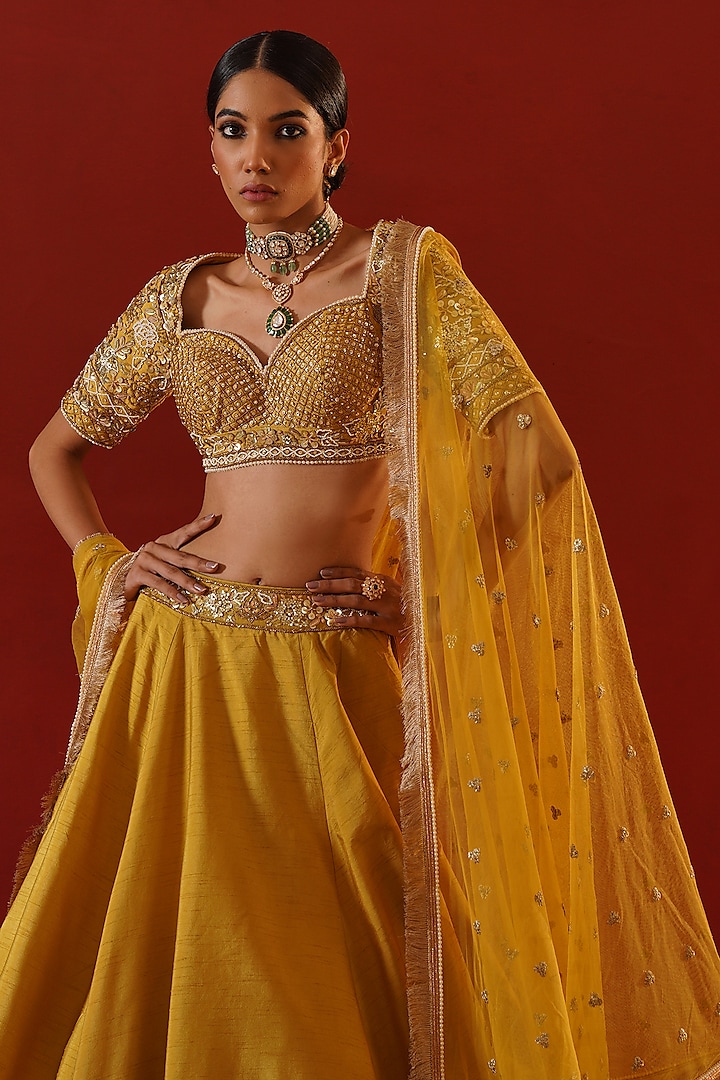 Mustard Dupion Embroidered Wedding Lehenga Set by Kapda Dori at Pernia ...