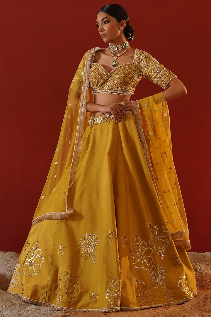 Mustard Dupion Embroidered Wedding Lehenga Set by Kapda Dori at Pernia ...