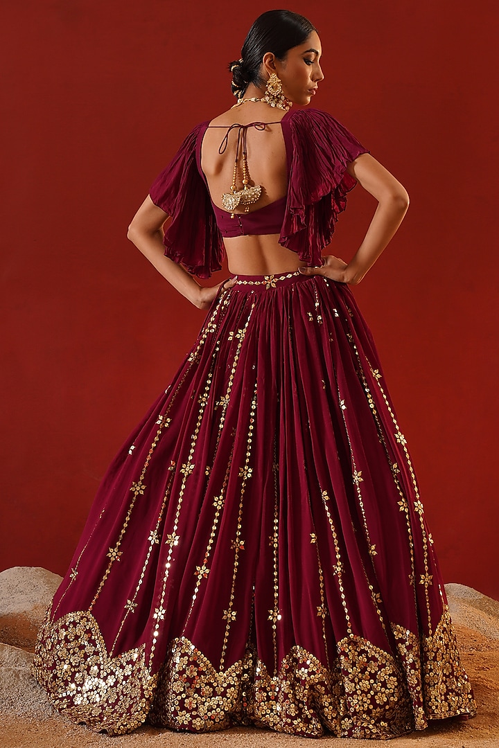 Burgundy Georgette Sequins Embroidered Wedding Lehenga Set by Kapda ...