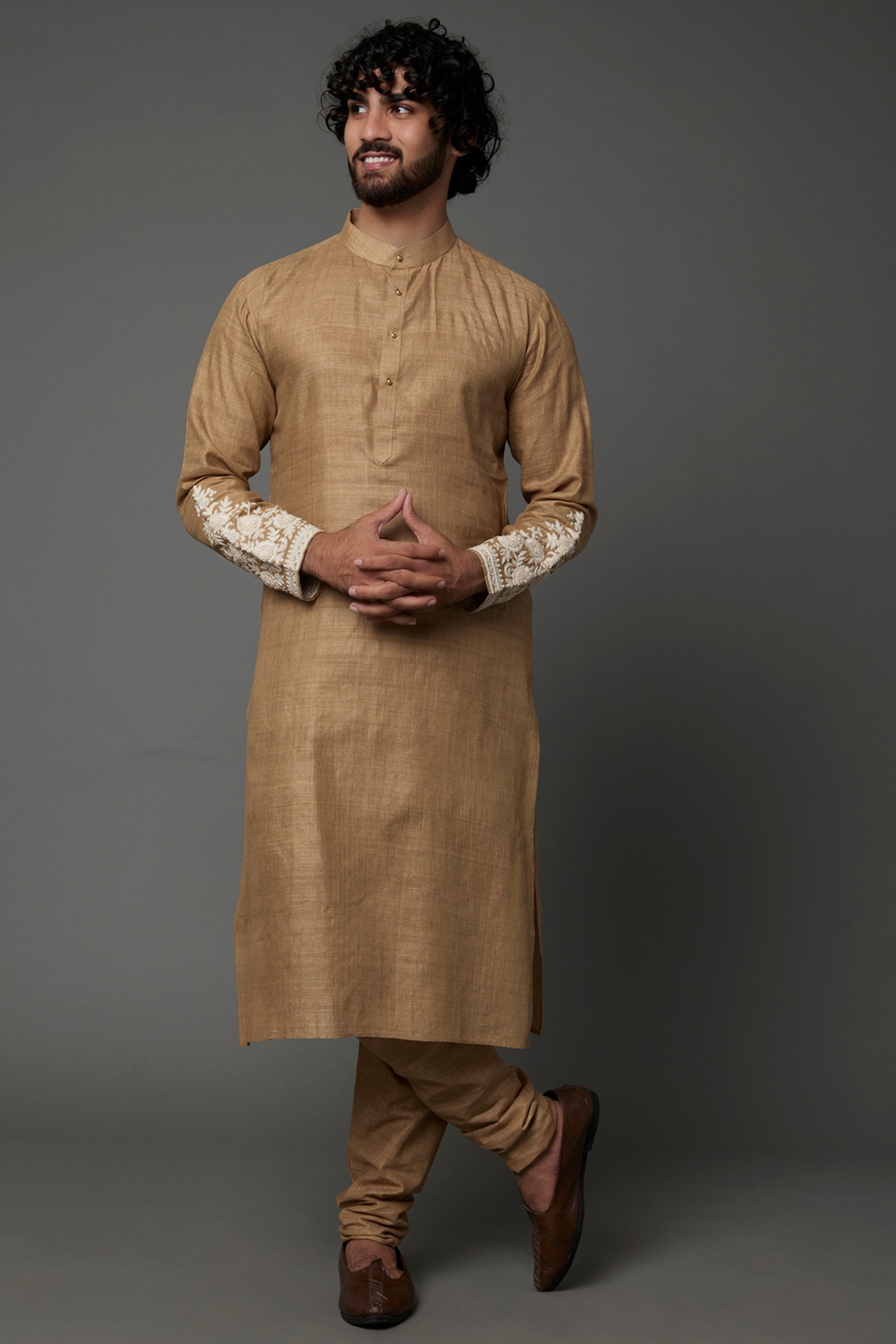 Light Brown Matka Floral Thread Work Kurta by Kaleidoscope at Pernia's ...