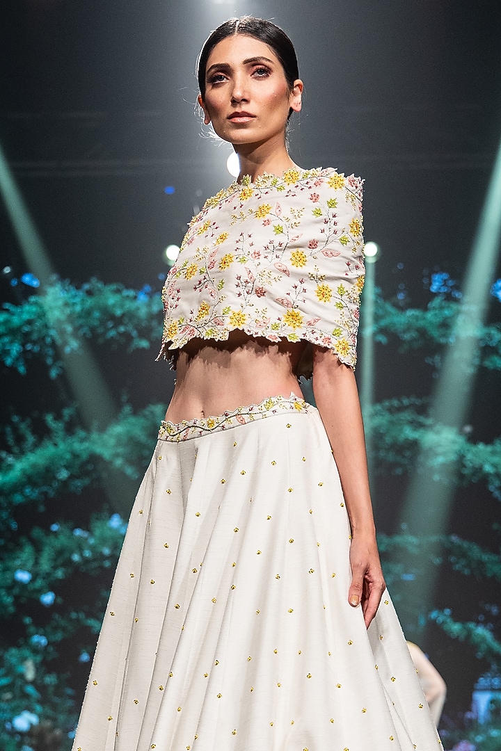 Off-White Raw Silk Applique Embroidered Jacket Wedding Lehenga Set by ...