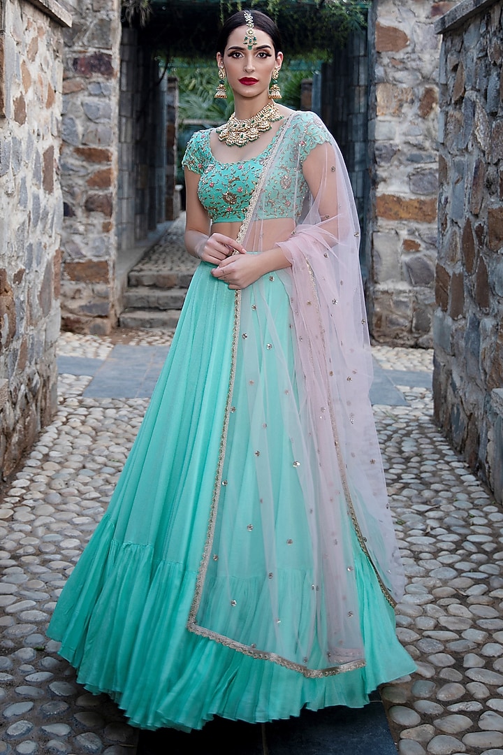Mint Green Raw Silk Wedding Lehenga Set by Keerthi Kadire at Pernia's ...