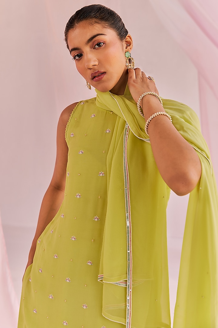 Lime Green Georgette Sharara Set by Keosha at Pernia's Pop Up Shop 2026