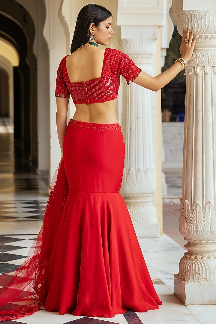 Red Organza Fish-Cut Lehenga Set Design by Keosha at Pernia's Pop Up ...