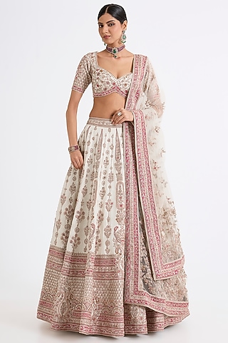 Ivory Raw Silk Zari Hand & Machine Embroidered Bridal Lehenga Set by ...