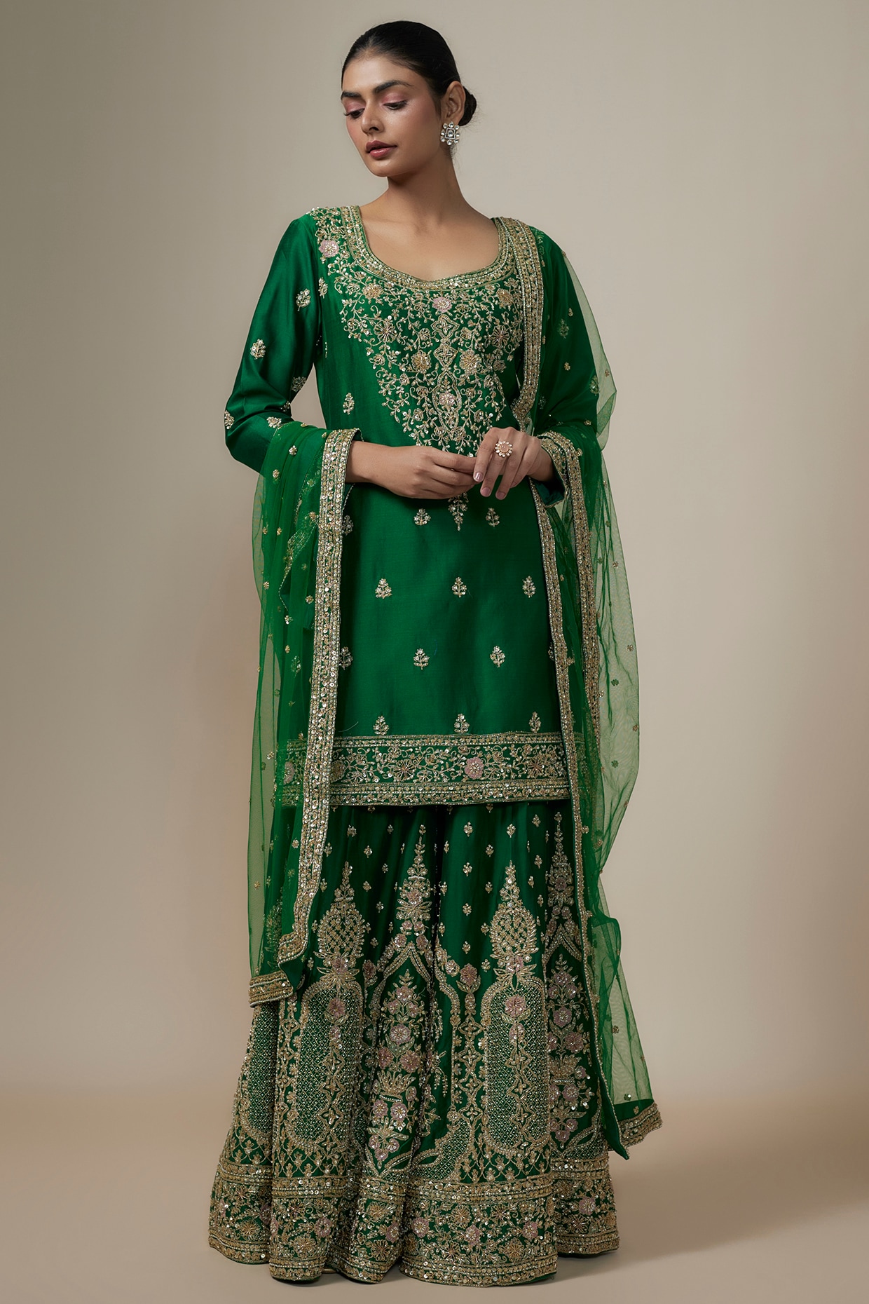 Bottle Green Chanderi Silk Aari & Zardosi Embroidered Sharara Set by ...