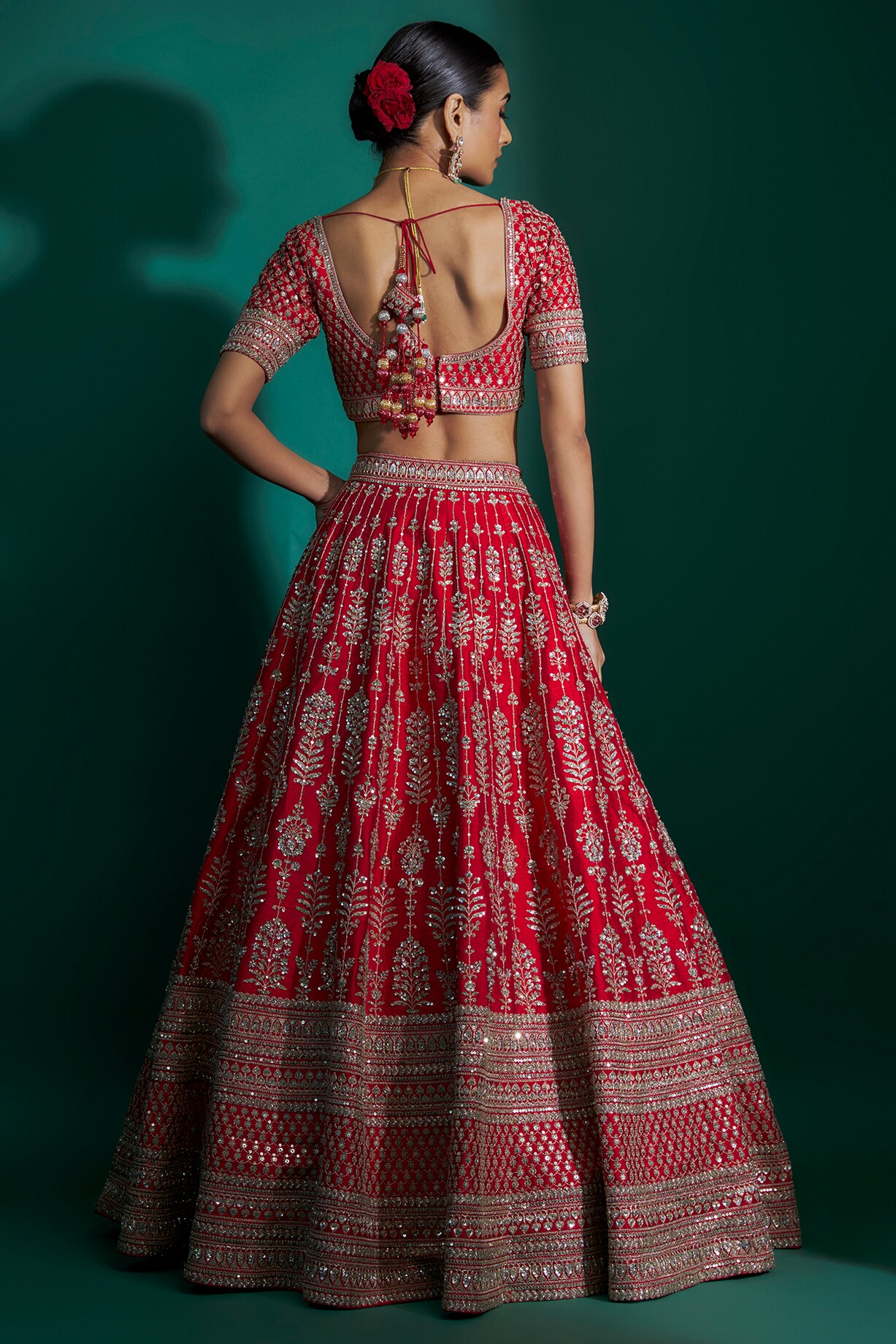 Red Raw Silk Zari Hand & Machine Embroidered Bridal Lehenga Set by ...