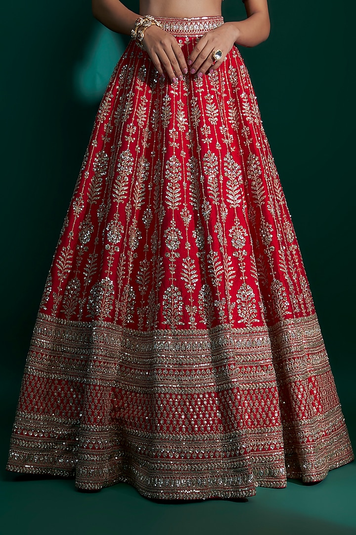 Red Raw Silk Zari Hand & Machine Embroidered Bridal Lehenga Set by ...
