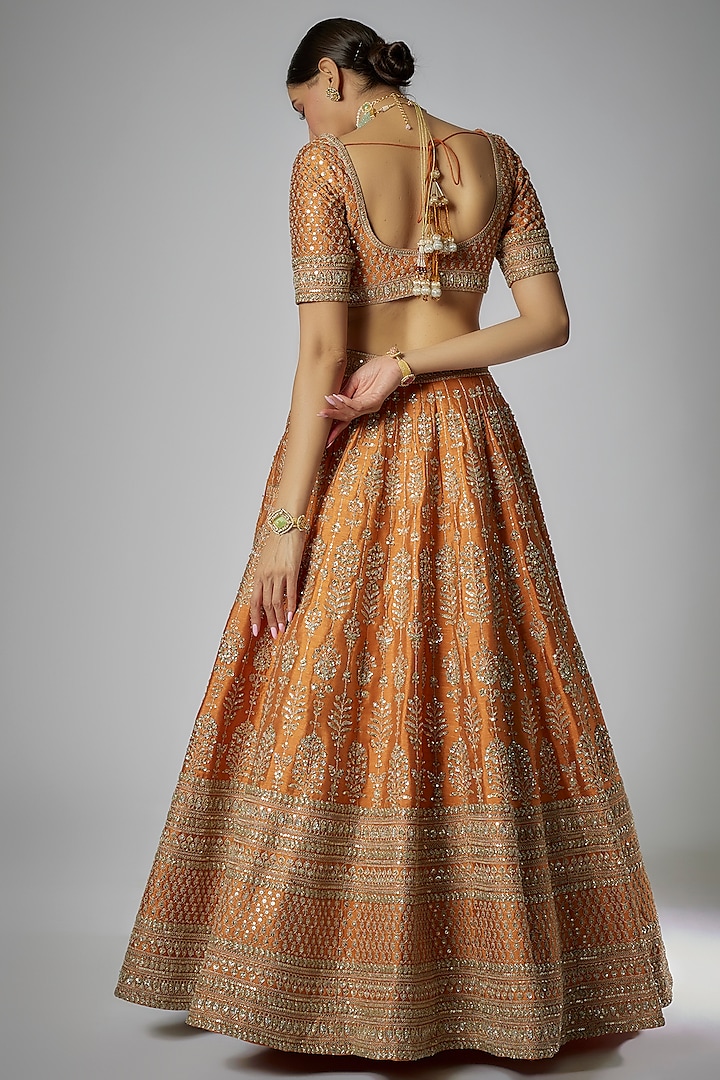 Rust Raw Silk Embroidered Bridal Lehenga Set By Kalighata At Pernias