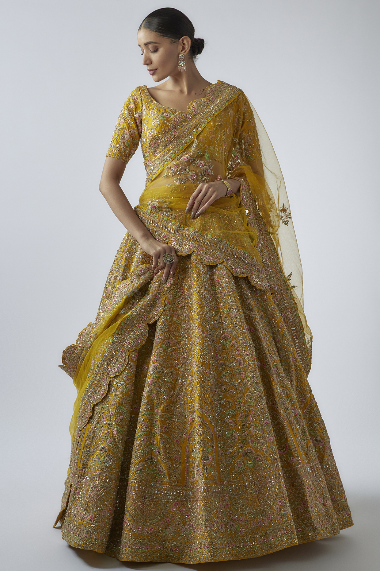 Mustard Raw Silk Embellished Lehenga Set Design By Kalighata At Pernia