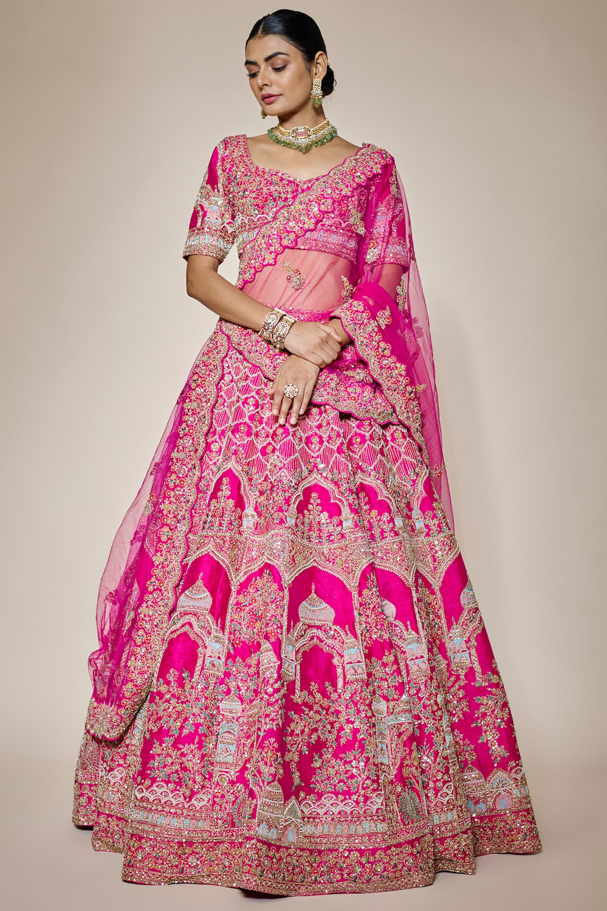 Rani Pink Raw Silk Hand & Machine Embroidered Bridal Lehenga Set by ...