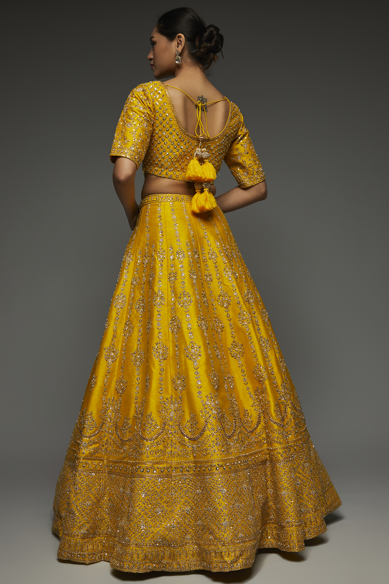 Mustard Raw Silk Embellished Wedding Lehenga Set By Kalighata At Pernia
