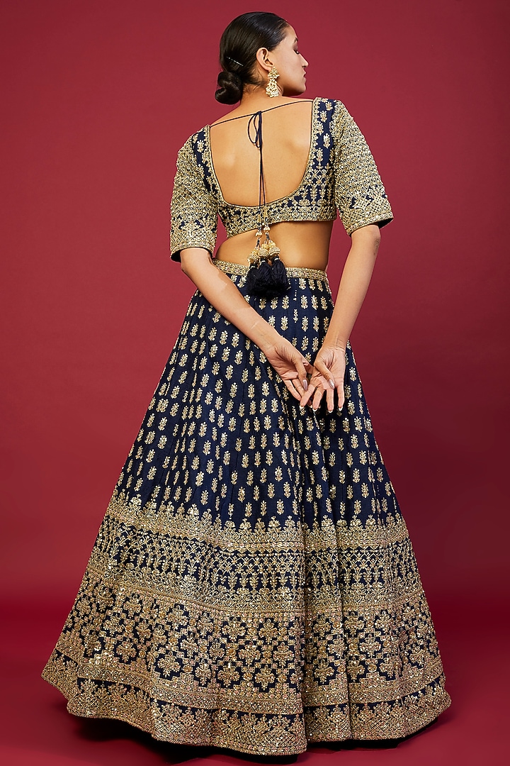 Navy Blue Raw Silk Zardosi Embroidered Swastik Wedding Lehenga Set by ...