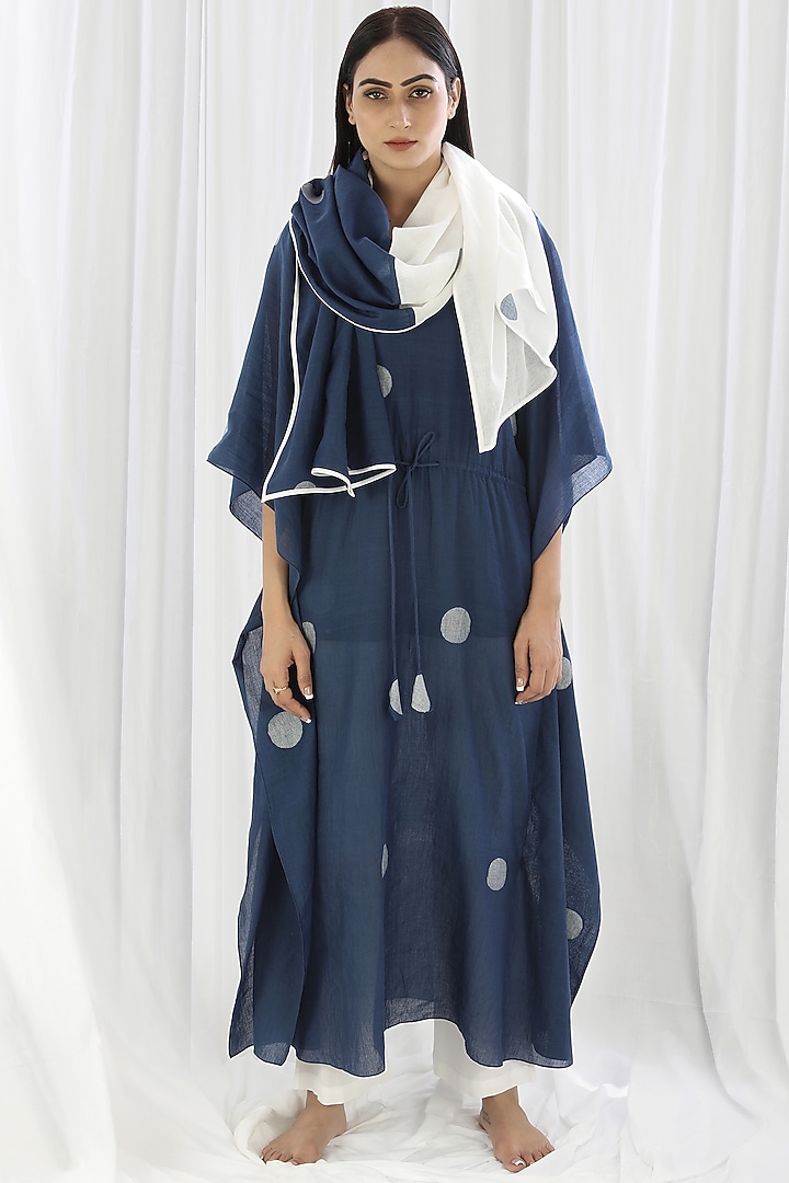 Navy Blue Jamdani Handwoven Polka Kaftan Set by KHAT at Pernia's Pop Up ...