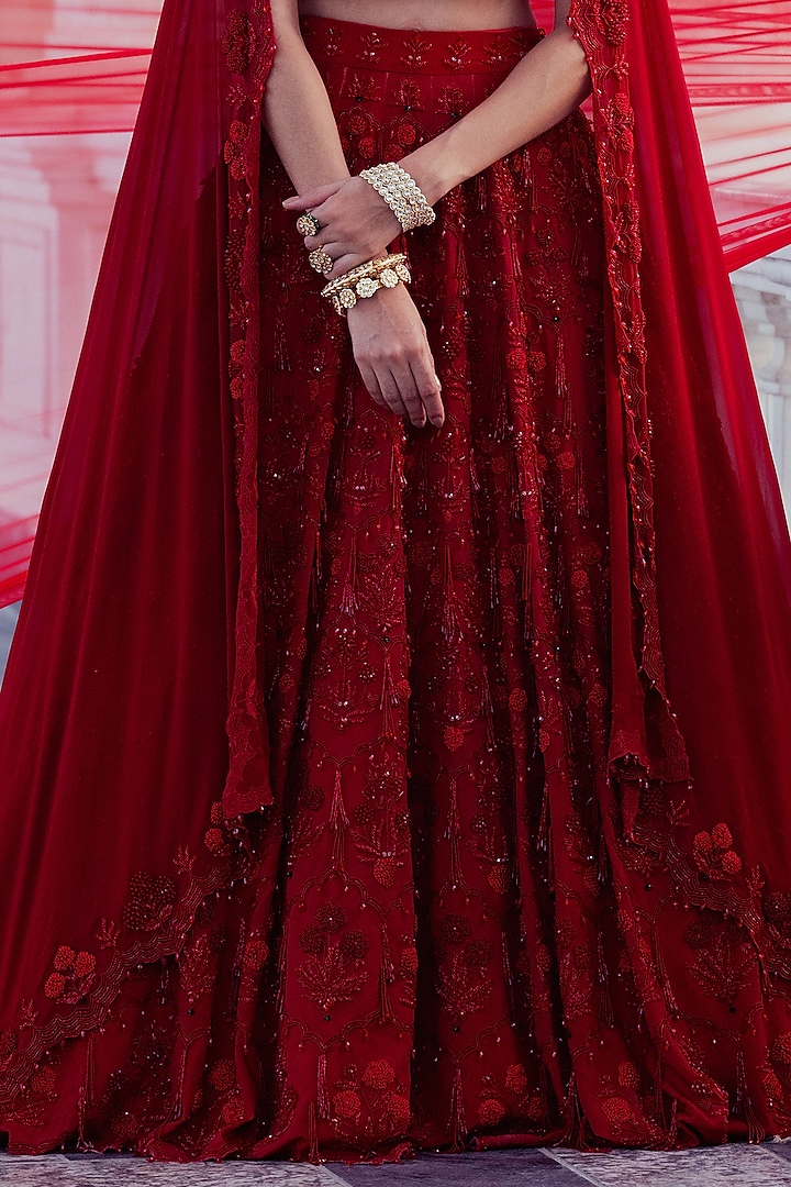 Red Crepe Crystal & Cutdana Embroidered Bridal Lehenga Set by Khushboo ...