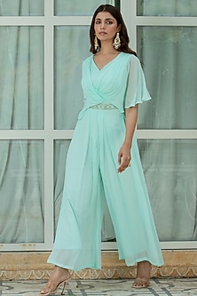 Blue Georgette Jumpsuit Set Design by Kohsh at Pernia's Pop Up Shop 2024
