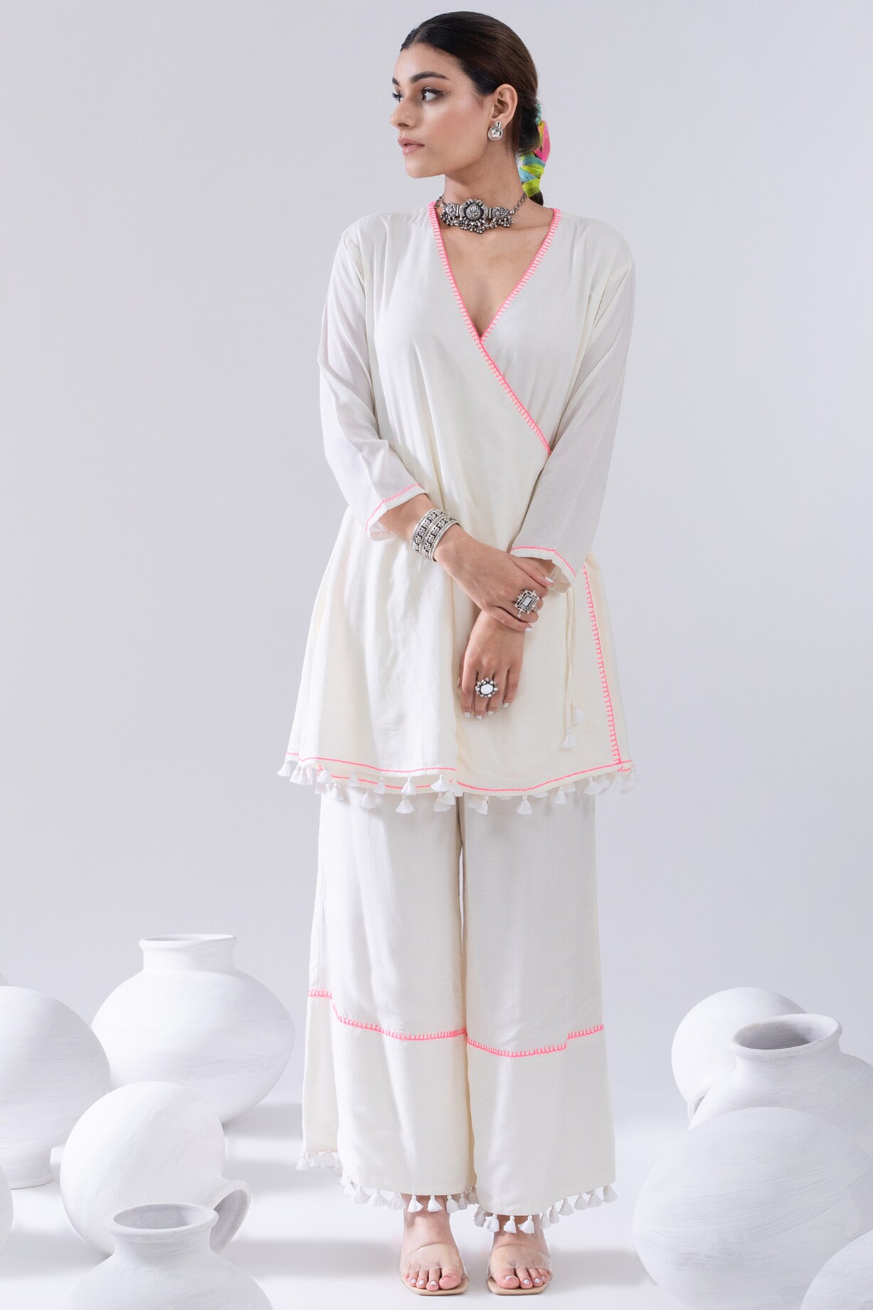 Ivory Embroidered Wrap Kurta Set Design by Kacha Tanka at Pernia's Pop ...