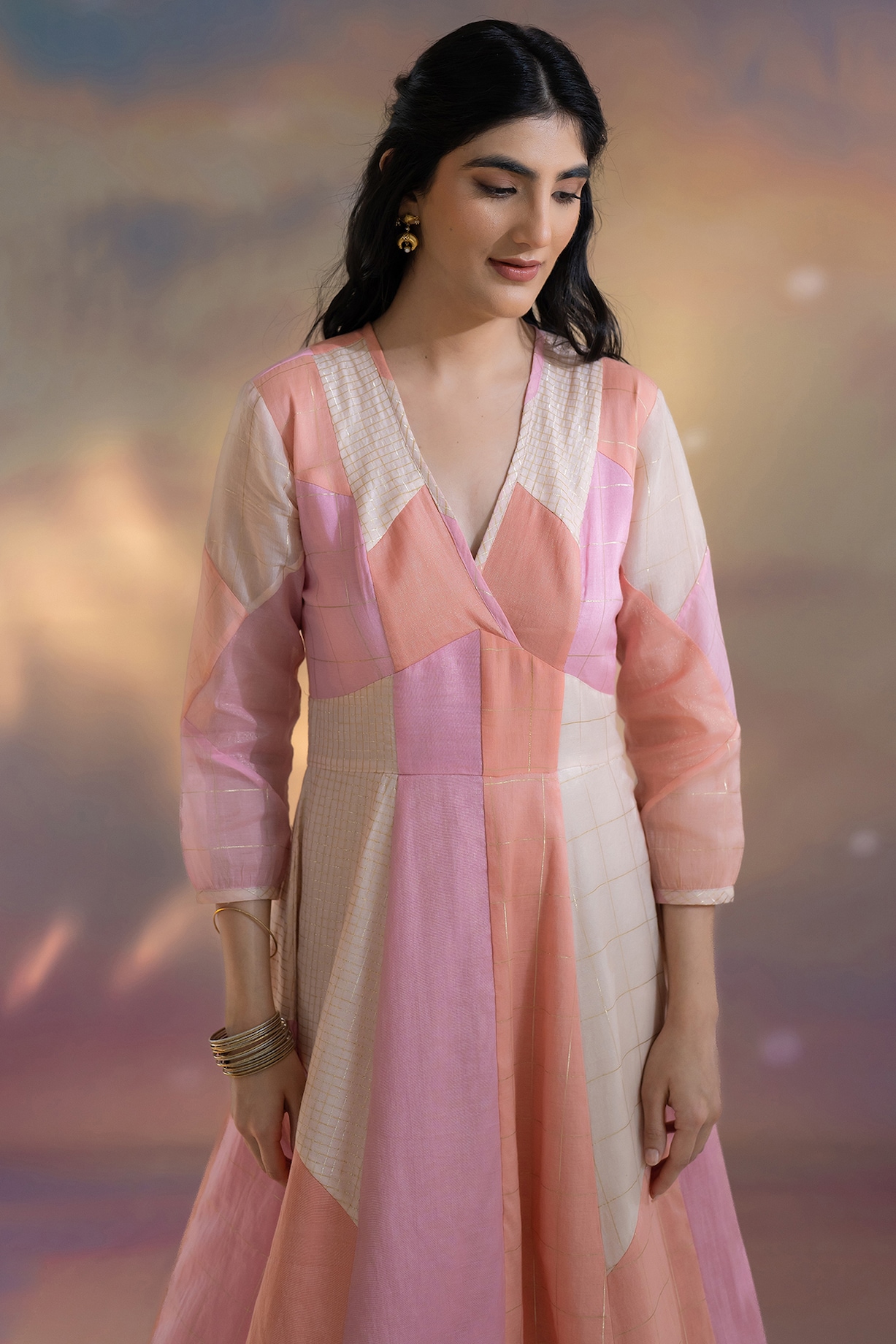 Multi-Colored Chanderi Embroidered Textured Dress by Kacha Tanka at ...