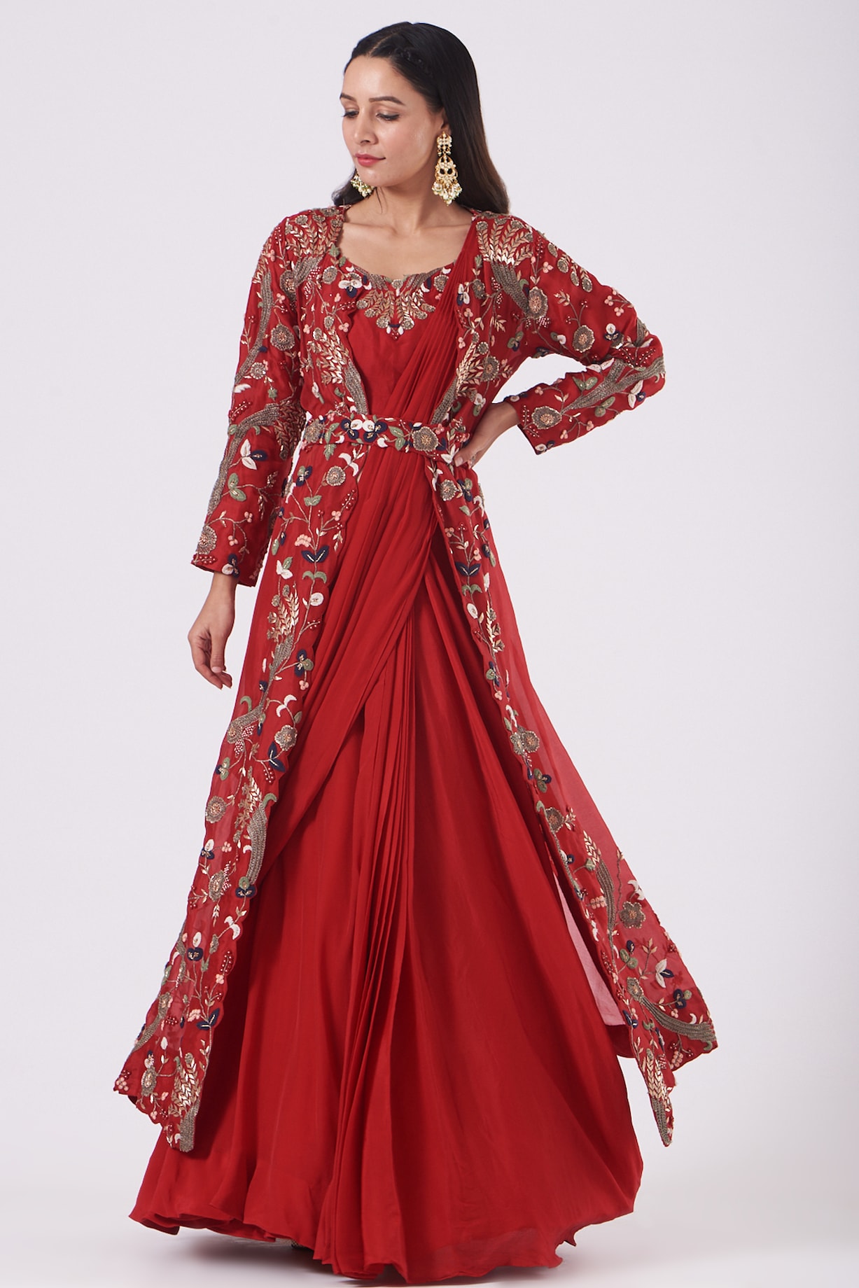 Red Draped Skirt Saree With Hand Embroidered Jacket by Khushboo Bagri ...