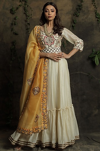 Ivory & Yellow Embroidered Anarkali Set Design by Khushboo Bagri at ...
