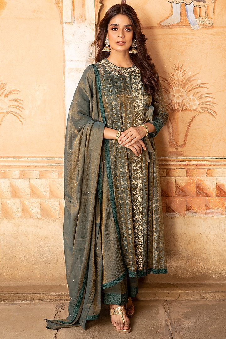Dull Teal Hand Embroidered Kurta Set by Kritika Dawar at Pernia's Pop ...