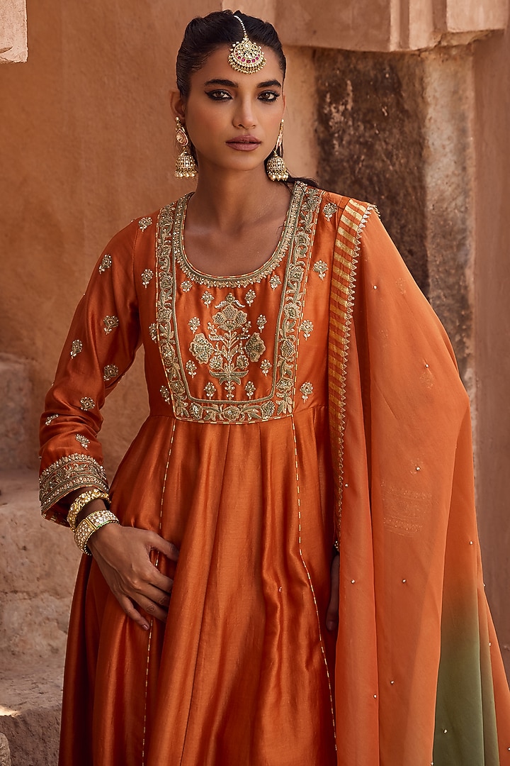 Rust Silk Chanderi Hand Embroidered Anarkali Set by Kritika Dawar at ...