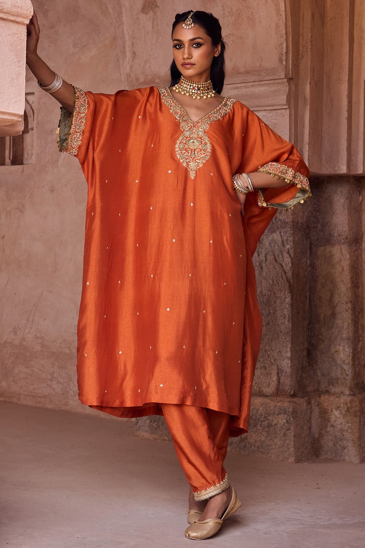 Rust Silk Aari Hand Embroidered Kaftan Set by Kritika Dawar at Pernia's Pop Up Shop 2025