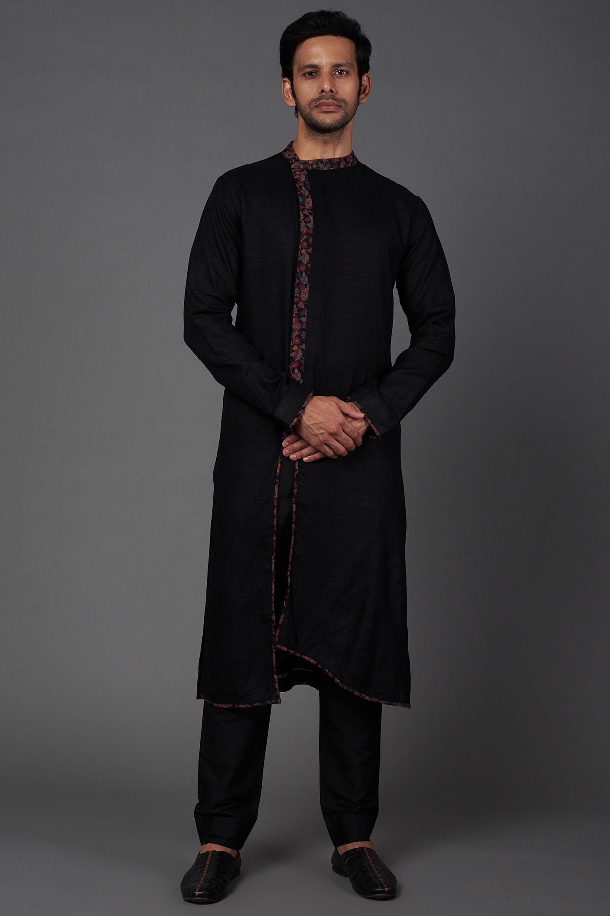 Black Asymmetrical Kurta Set by Kishore Ramani at Pernia's Pop Up Shop 2025
