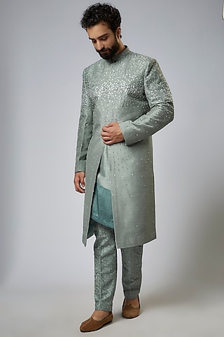 Sage Green Textured Silk Embroidered Wedding Sherwani Set by KSHITIJ ...