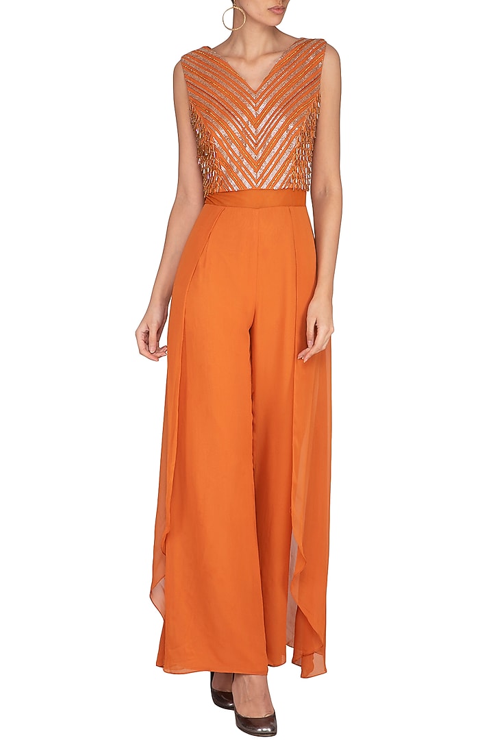 Rust Orange Embellished Jumpsuit by Kakandora at Pernia's Pop Up Shop 2025