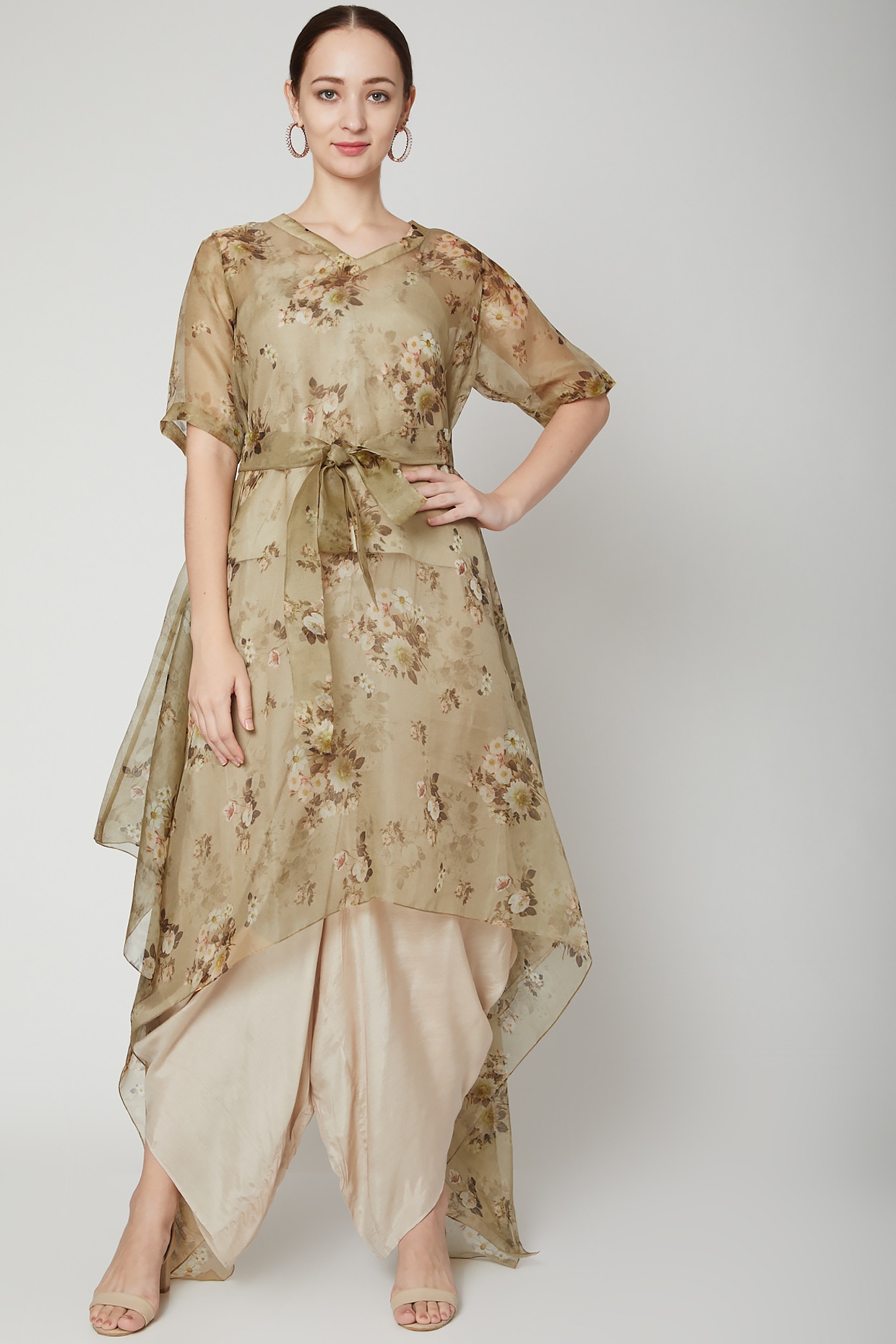 Beige Floral Tunic With belt by Kritika Murarka at Pernia's Pop Up Shop ...