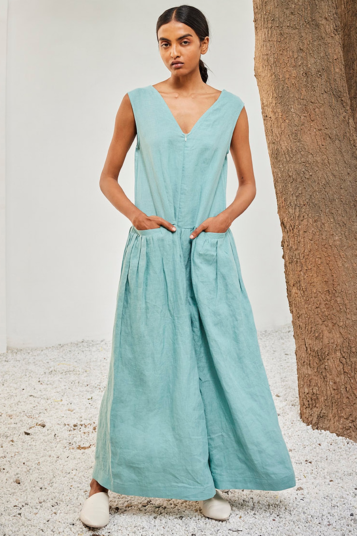 Sage Blue Linen Gathered Jumpsuit by Khara Kapas at Pernia's Pop Up ...