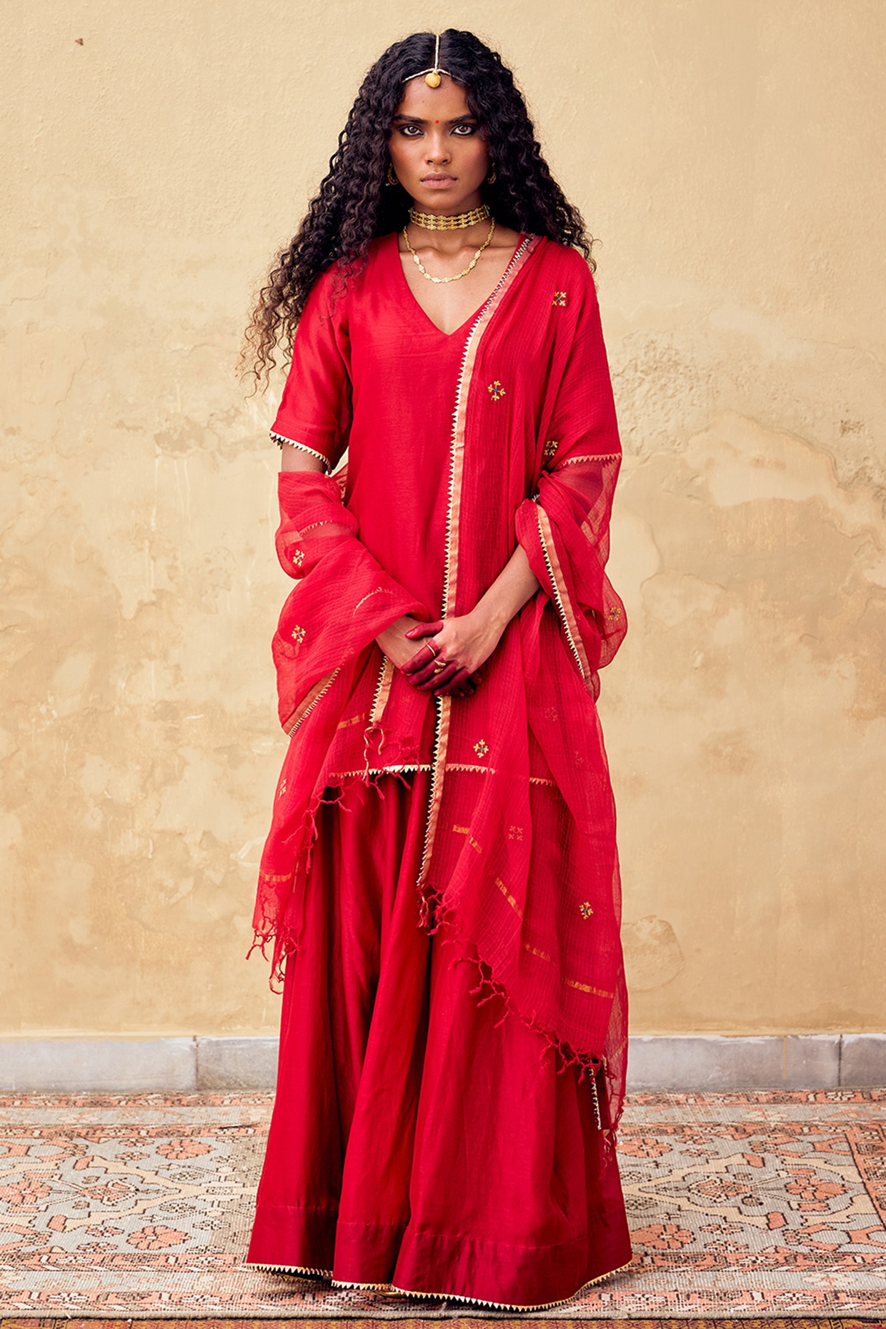 Bright Red Chanderi Sharara Set by Khara Kapas at Pernia's Pop Up Shop 2025