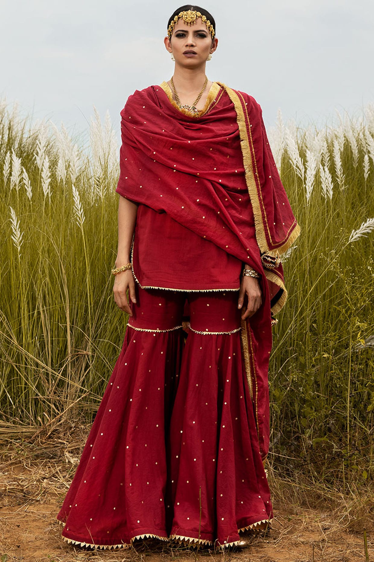 Scarlet Red Sharara Set With Gota Detailing by Khara Kapas at Pernia's ...