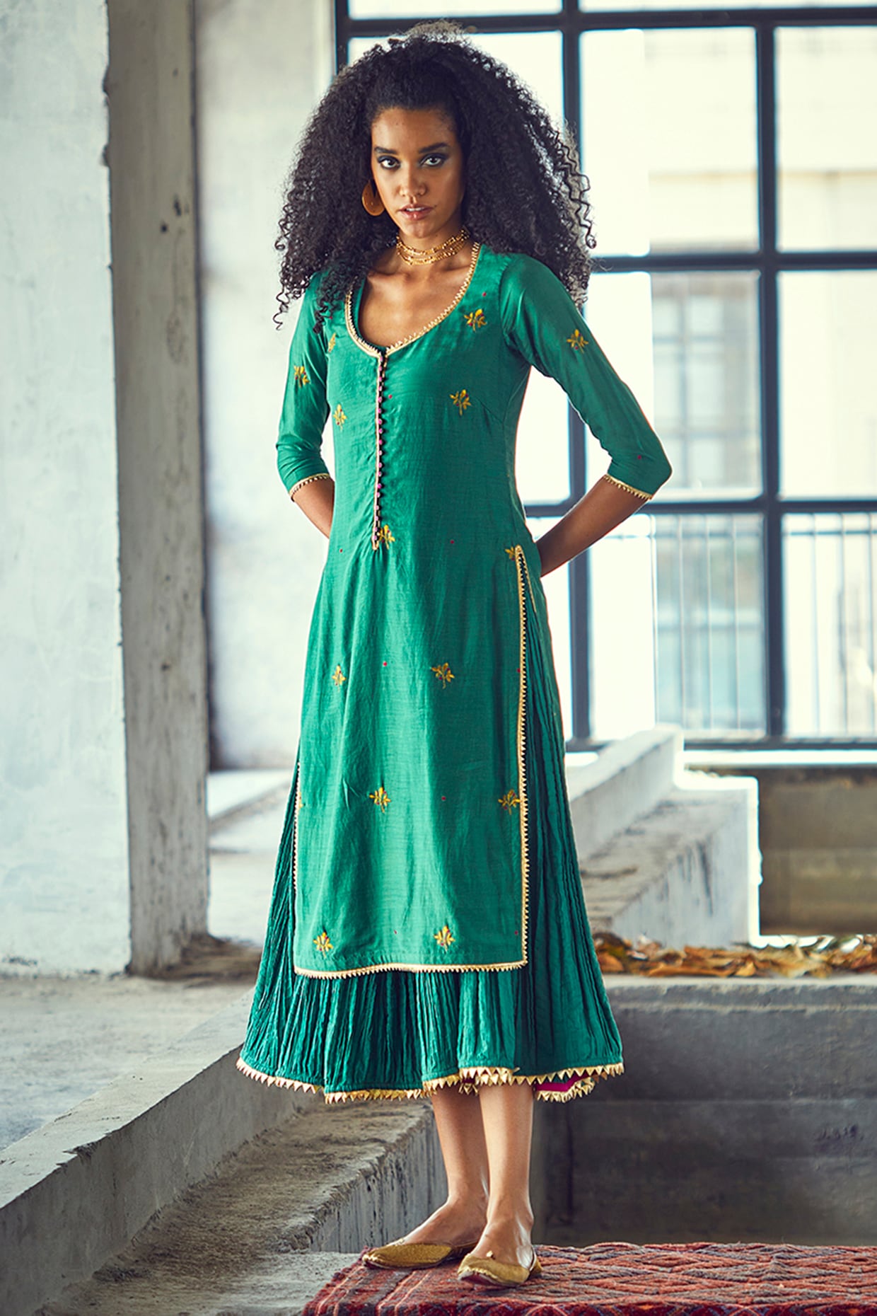 Green Embroidered Anarkali Set by Khara Kapas at Pernia's Pop Up Shop 2025