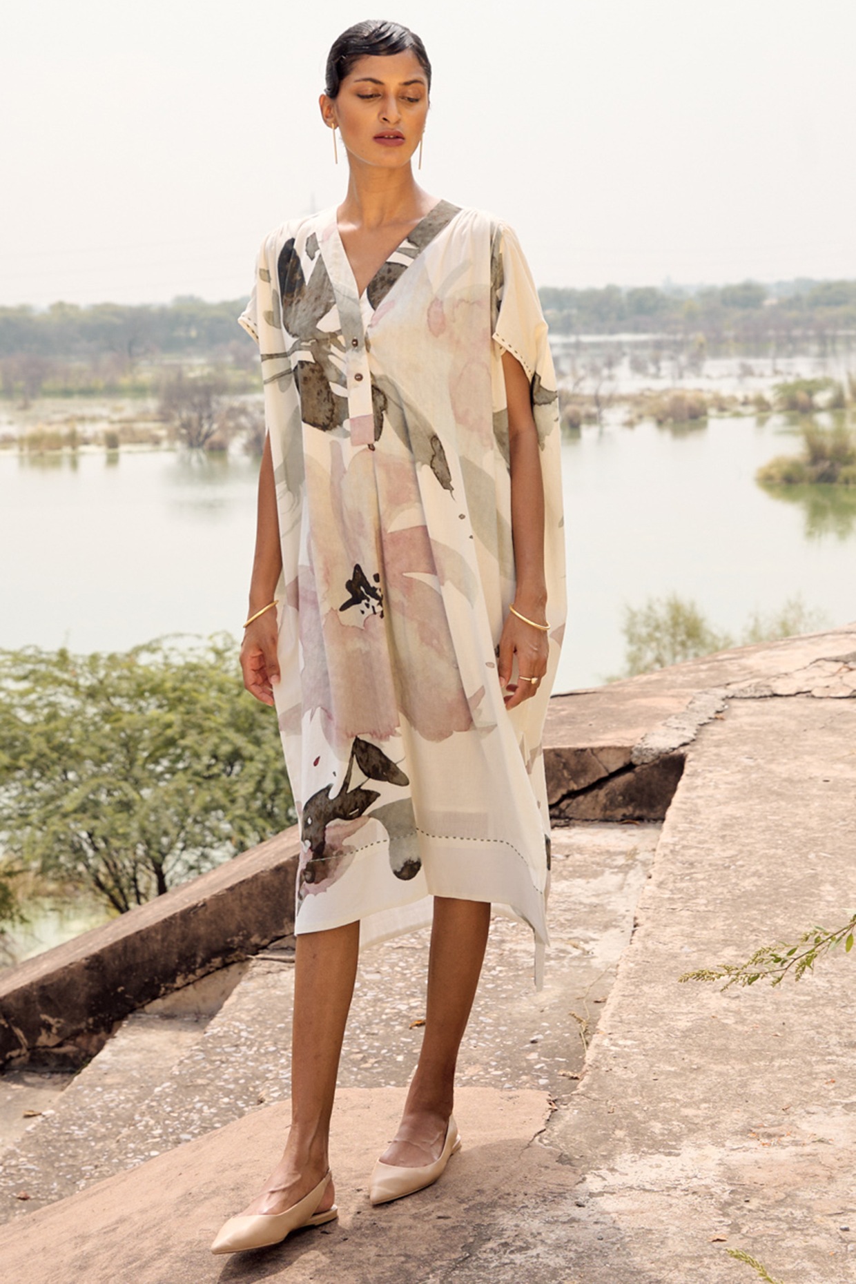 Off-White Mul Art Printed Kaftan Dress by Khara Kapas at Pernia's Pop ...