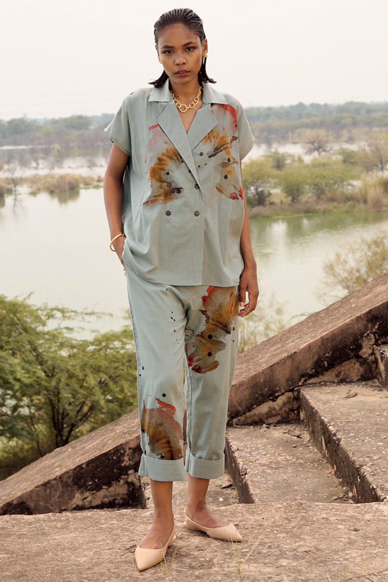 Pale Blue Mul Art Printed Co-Ord Set by Khara Kapas at Pernia's Pop Up ...