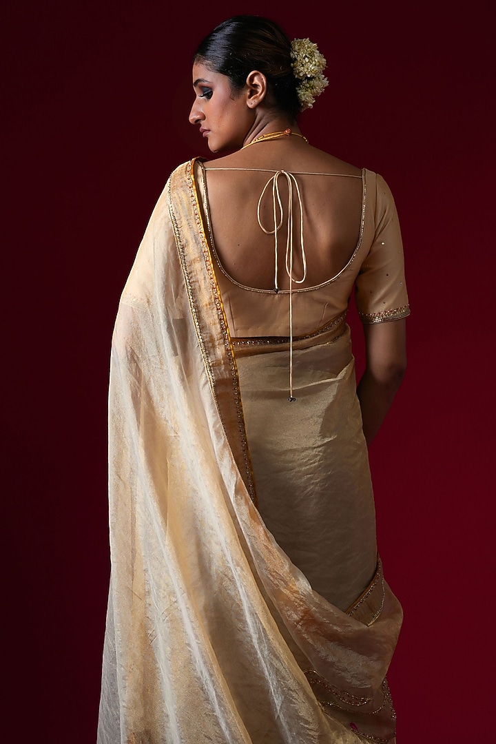 Gold Organza Tissue Hand & Machine Embroidered Party Wear Saree Set by ...