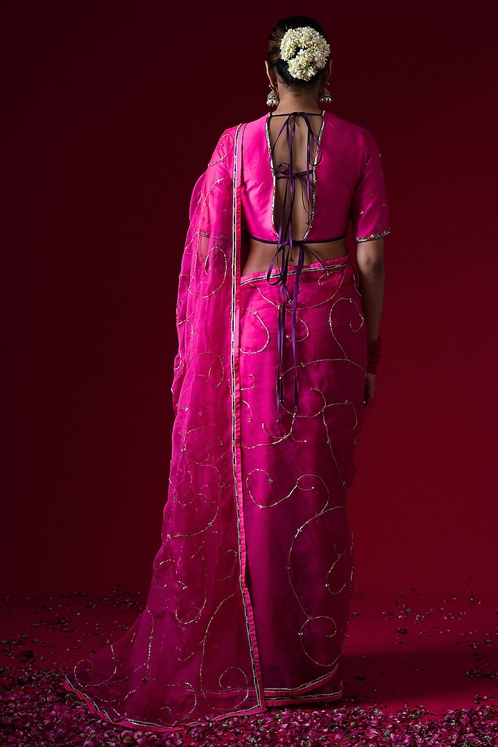 Pink Organza Hand & Machine Embroidered Party Wear Saree Set by ...