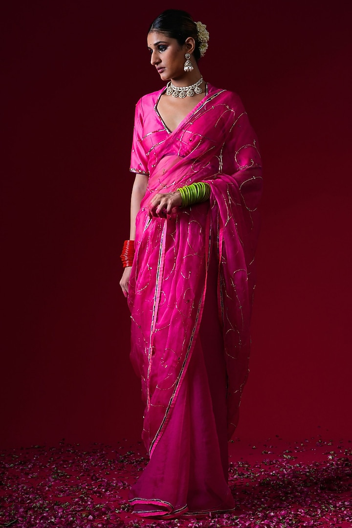 Pink Organza Hand & Machine Embroidered Party Wear Saree Set by ...