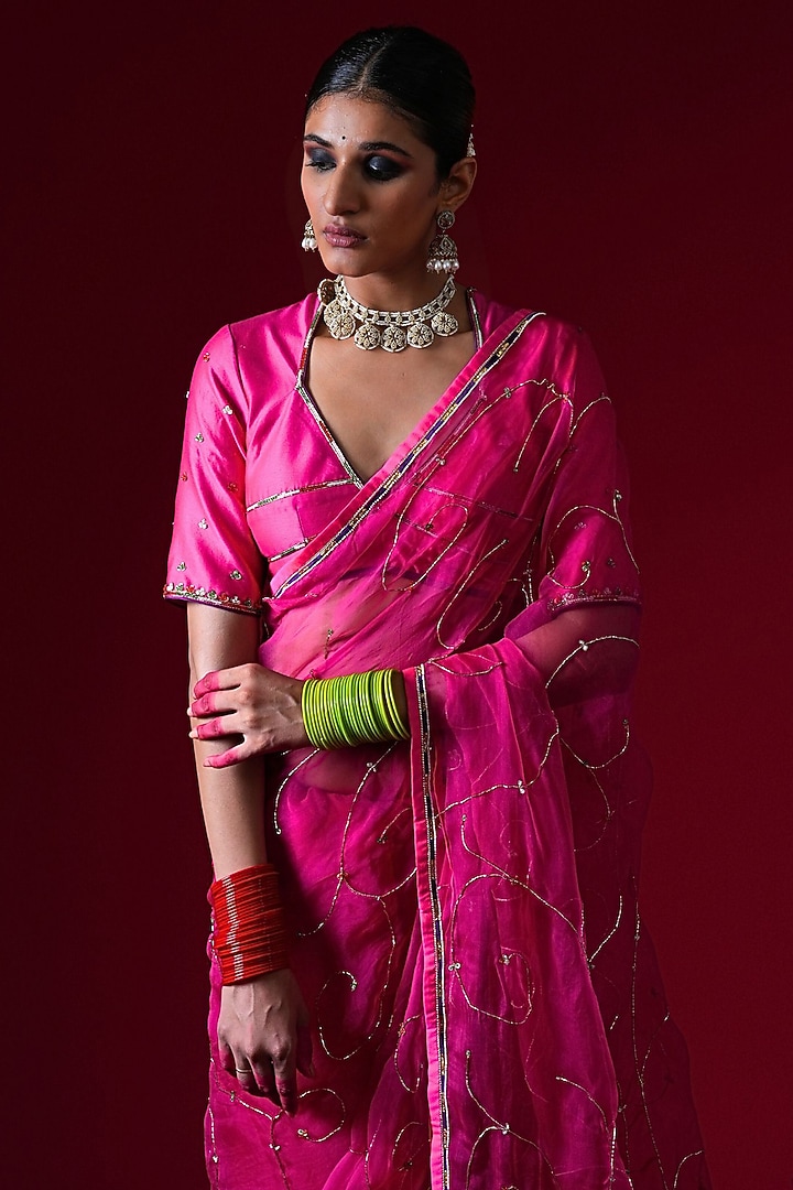 Pink Organza Hand & Machine Embroidered Party Wear Saree Set by ...