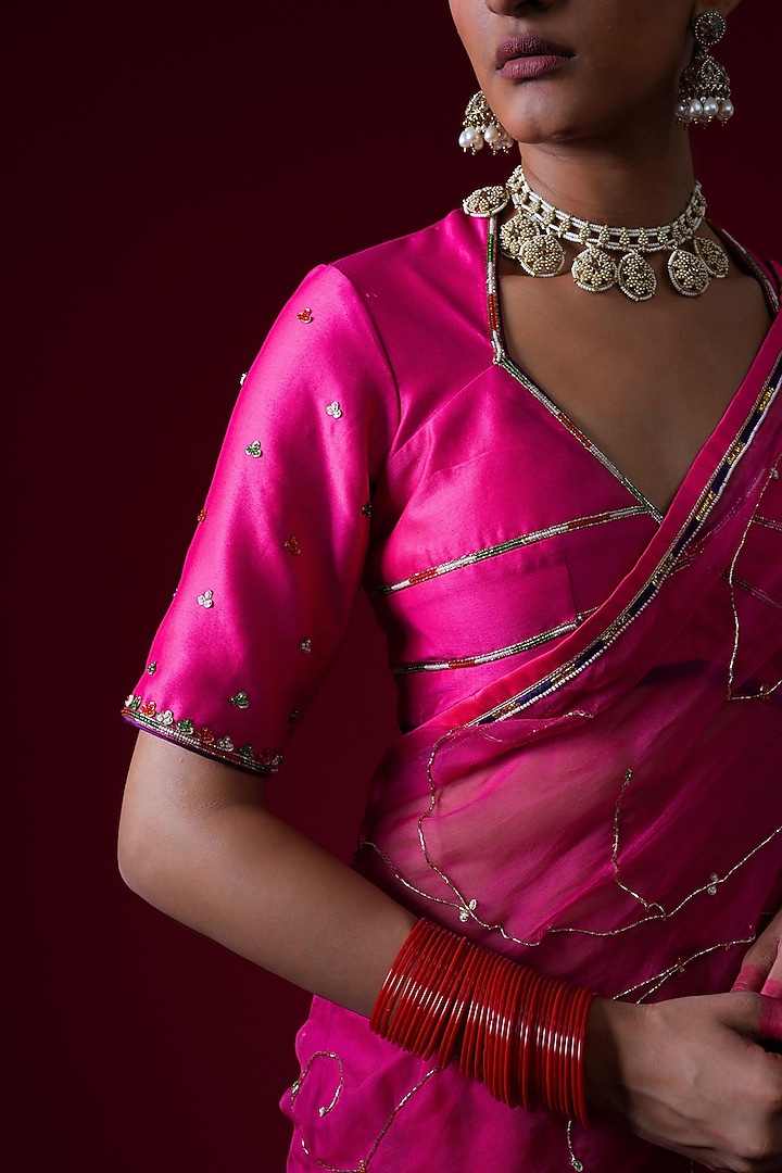 Pink Organza Hand & Machine Embroidered Party Wear Saree Set by ...