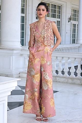Blush Pink Brocade Floral Printed Jumpsuit With Jacket by Kalista at ...