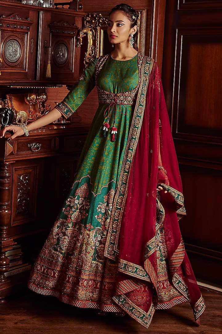 Green Floral Printed Anarkali Set Design by Kalista at Pernia's Pop Up ...