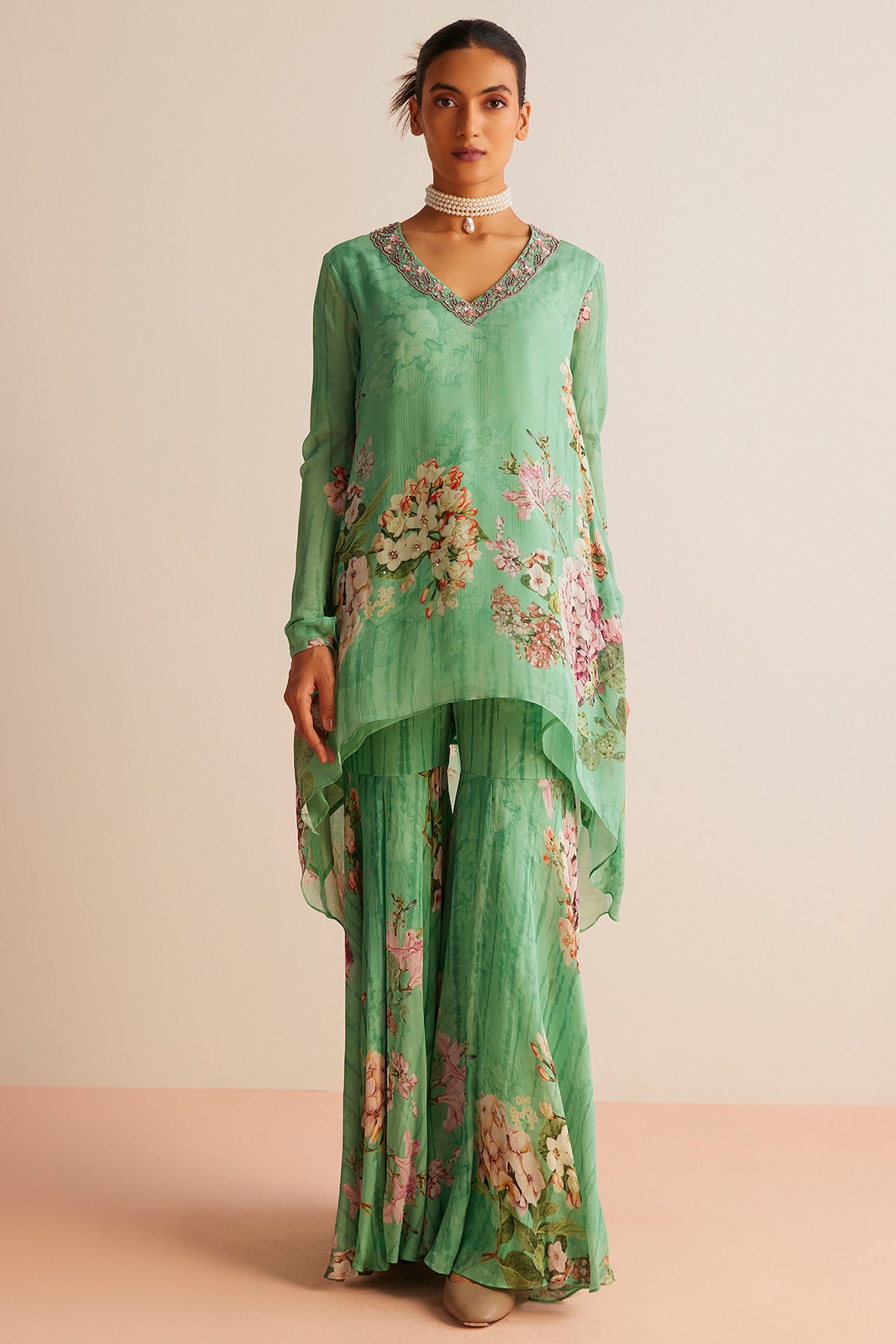 Sea Green Viscose Chinon Printed Tunic Set by Kalista at Pernia's Pop Up Shop 2025